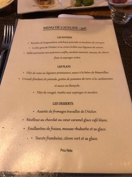 Menu au L'Atelier de Fred Céret France restaurant, Céret