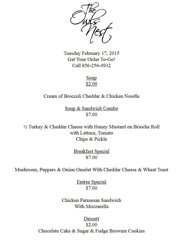 Menu at Owl's Nest restaurant, Glassboro