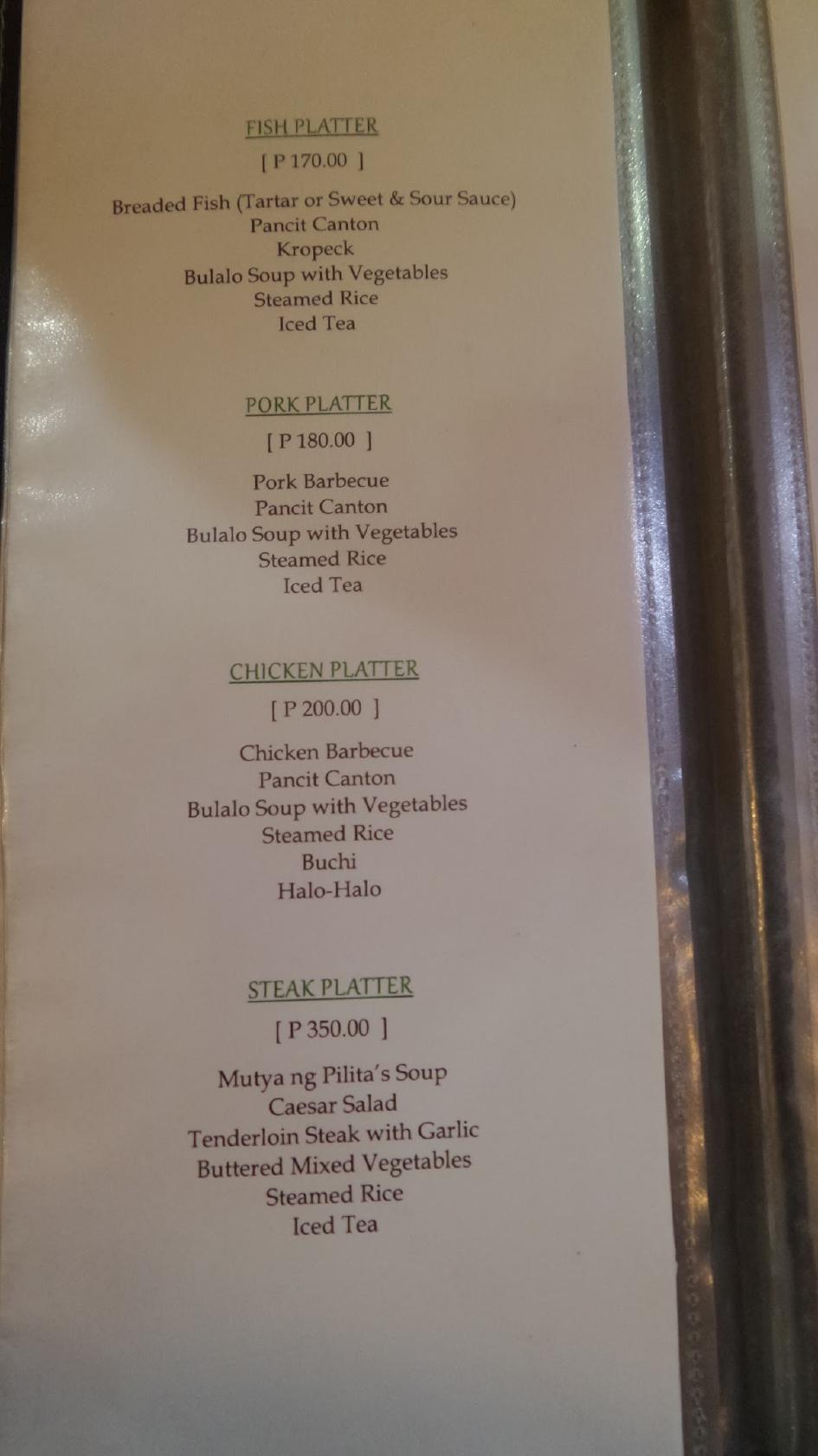 Menu at Pilita's Restaurant, Tanza
