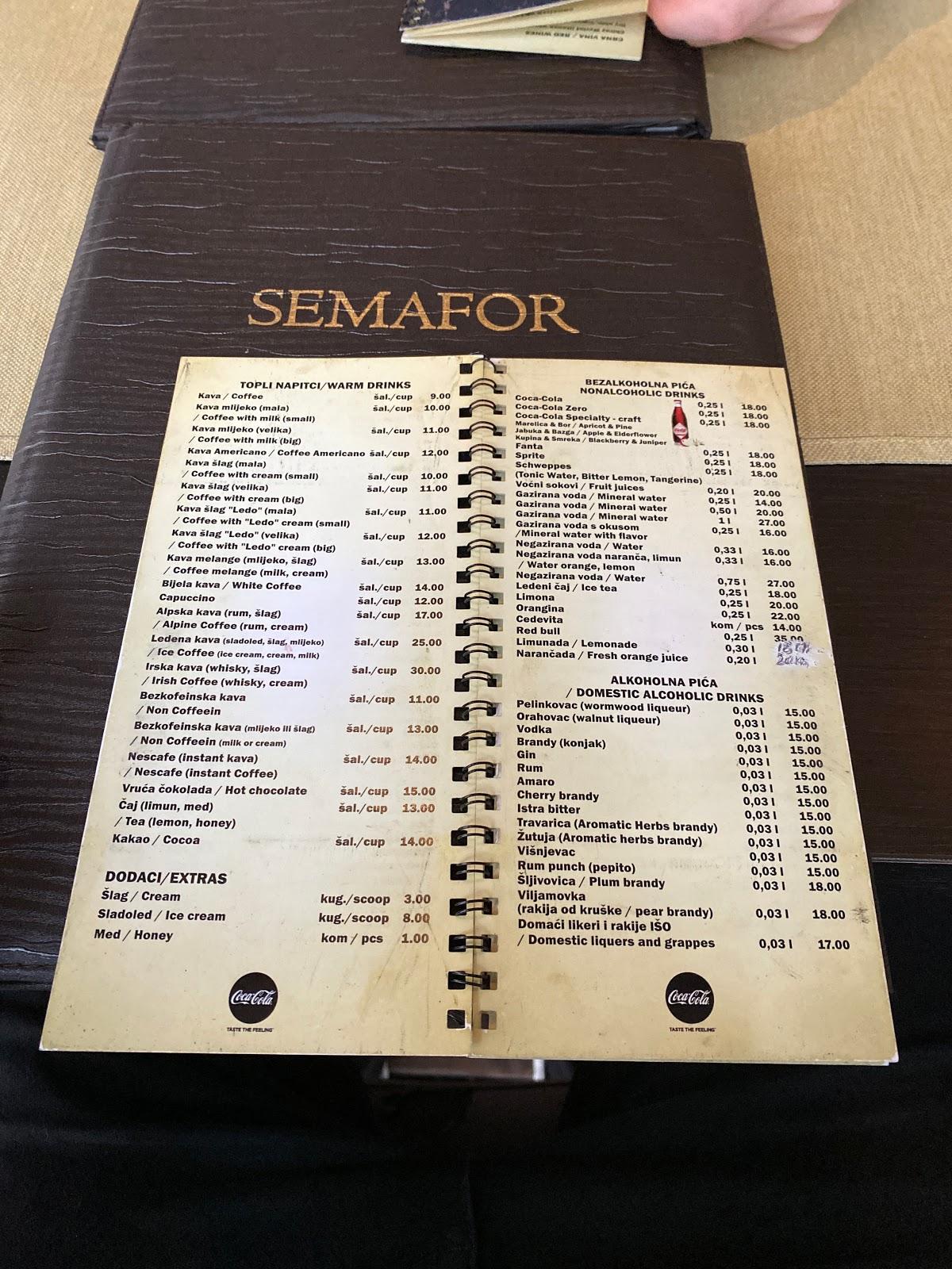 Menu at Kavana Semafor restaurant, Split