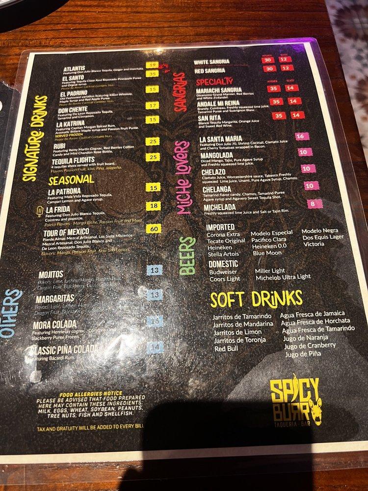 Carta de Spicy Burro Taqueria Bar, Elizabeth
