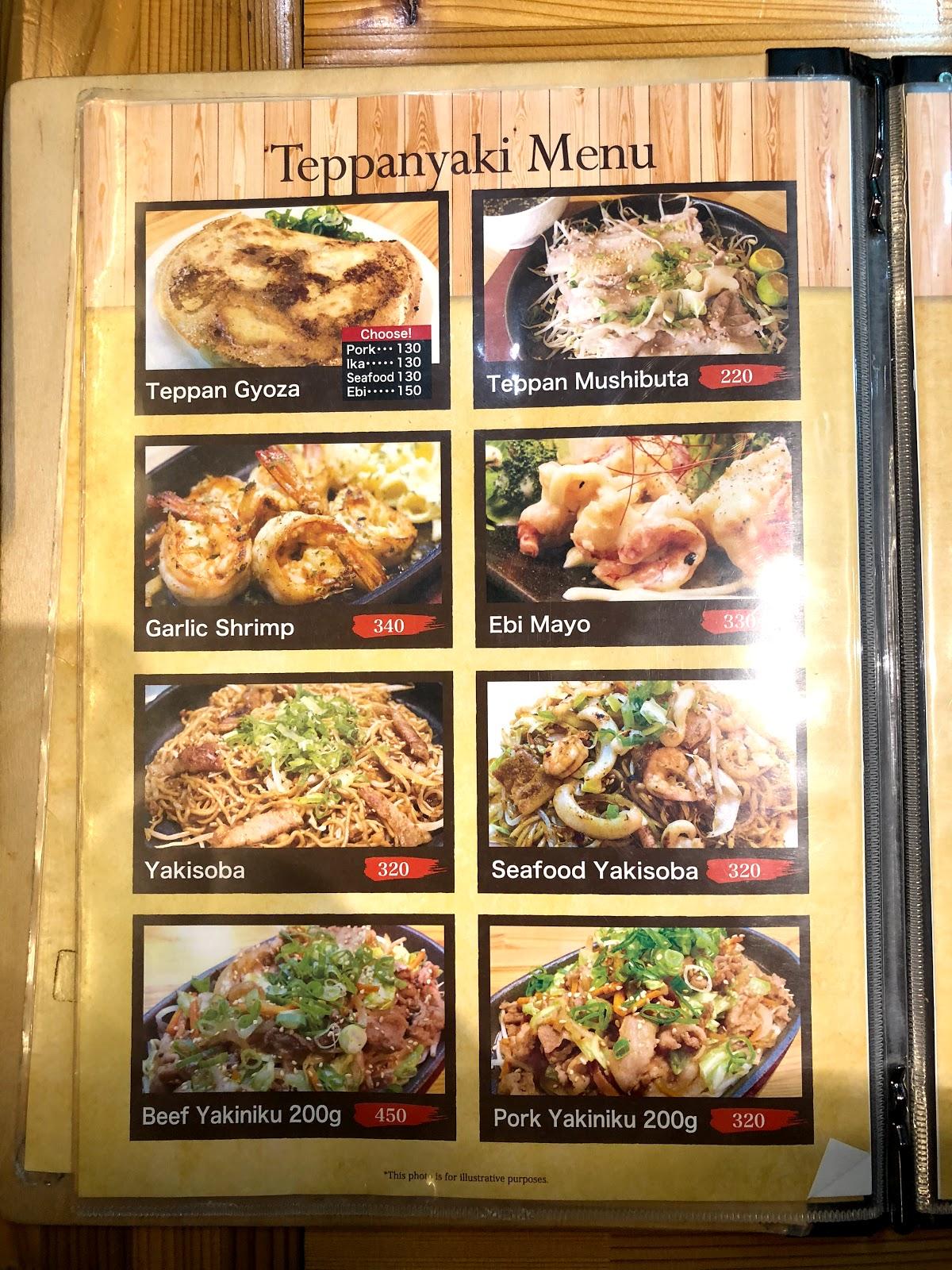 Menu at Teppan okonomiyaki restaurant, Mandaue City, 8WRC+M39