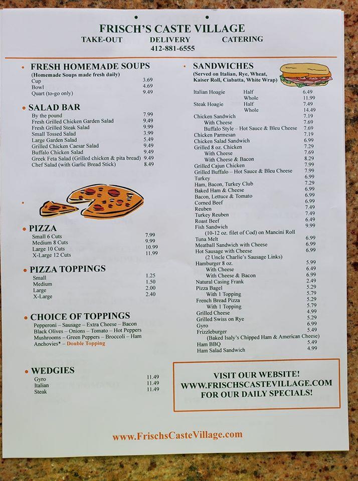 Menu at Frisch's Caste Village, Pittsburgh