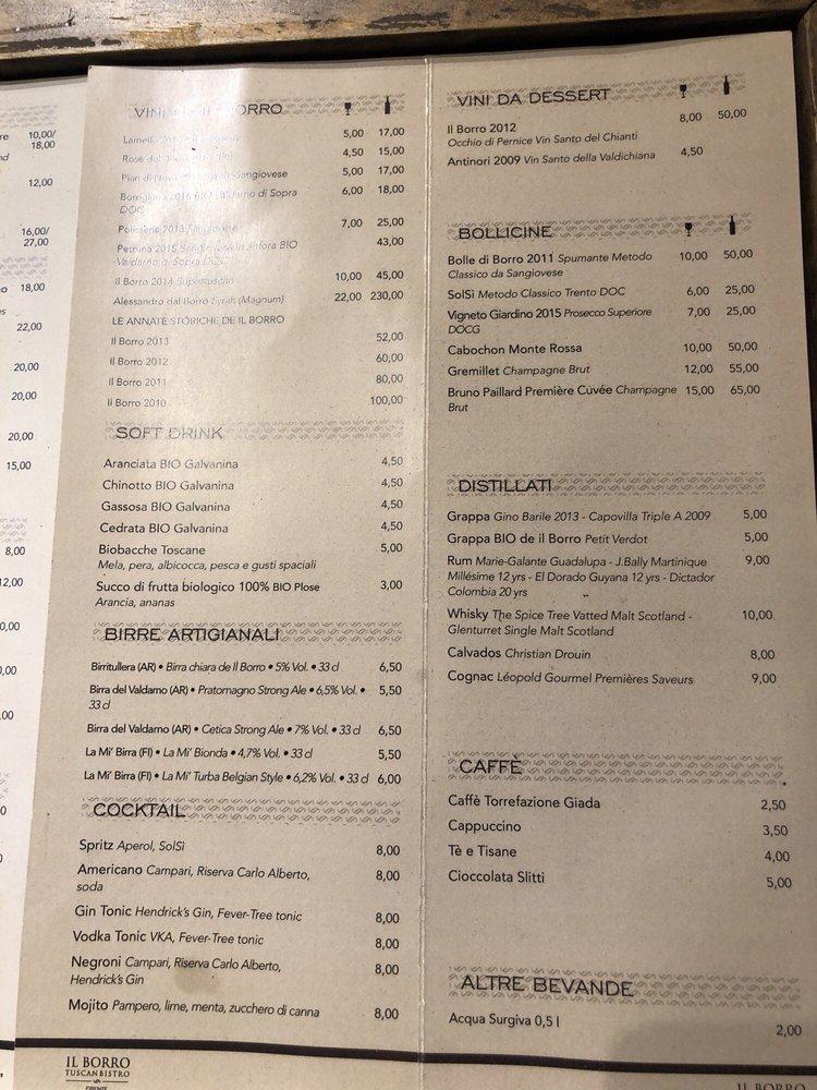 Menu at Il Borro Tuscan Bistro pub & bar, Florence