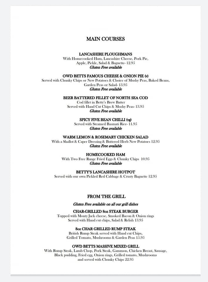 Menu at Owd Betts pub & bar, Rochdale