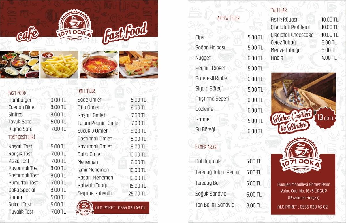 Menu at 1071 DOKA CAFE, Ürgüp