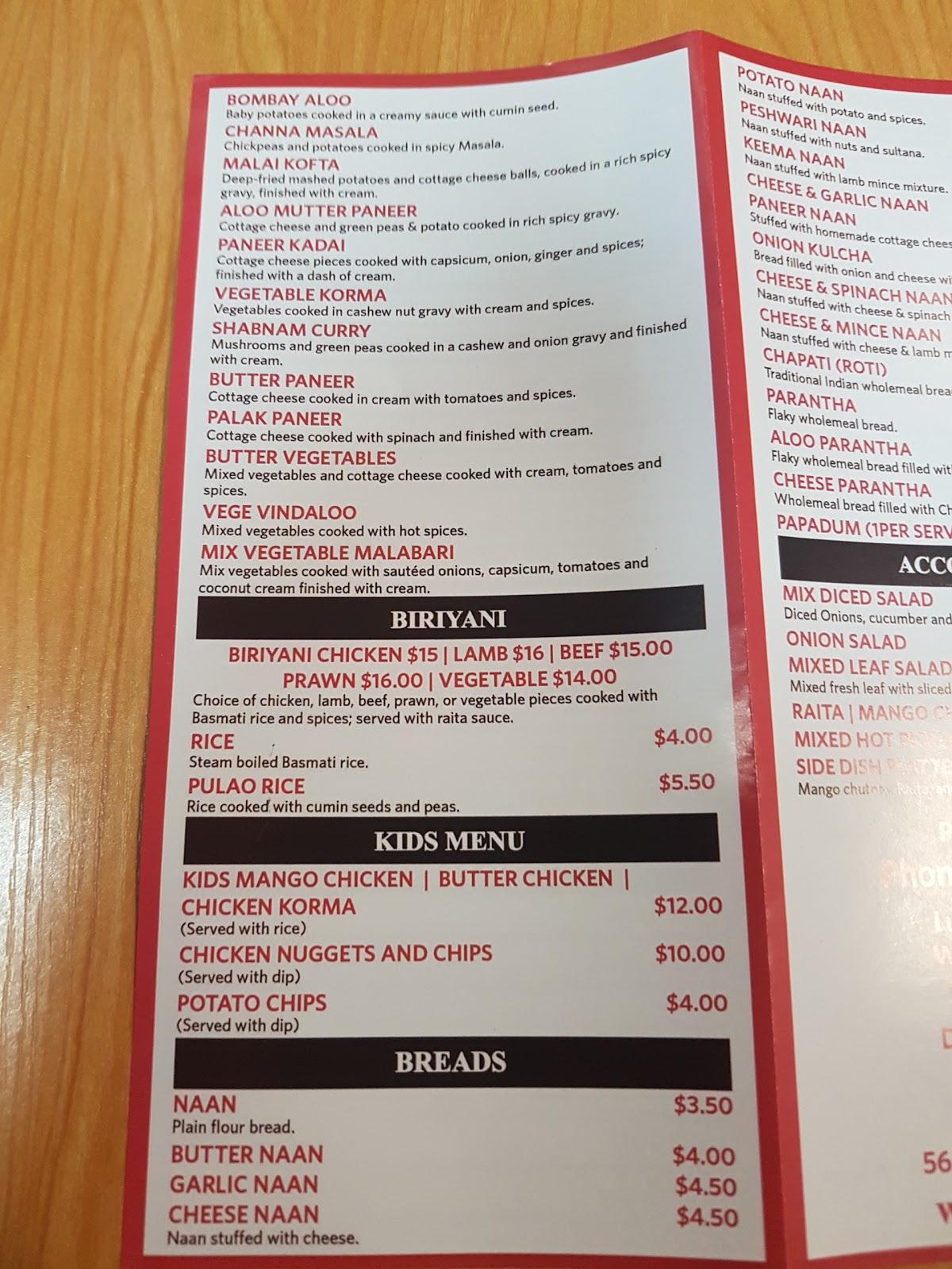 Menu at Chapati Indian Restaurant, Auckland