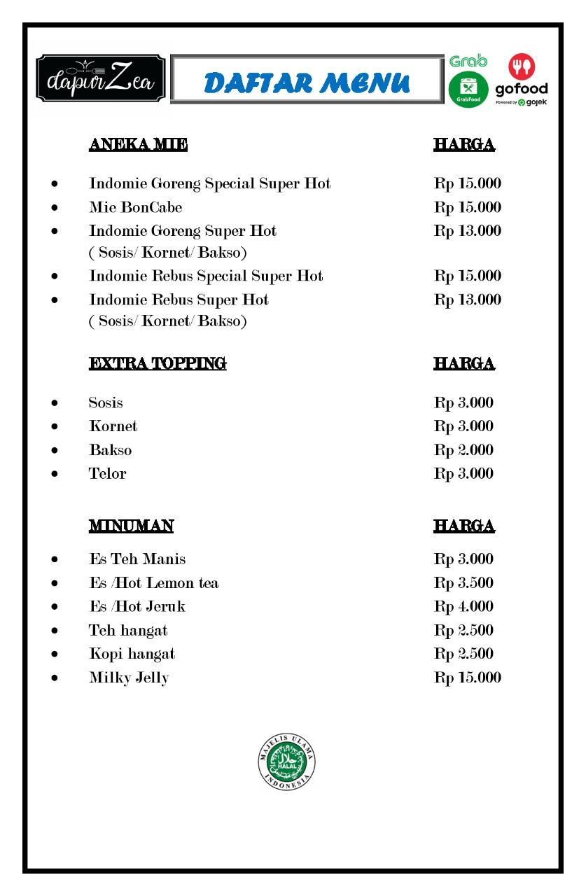 Menu at Dapur Zea Pedurungan restaurant, Semarang