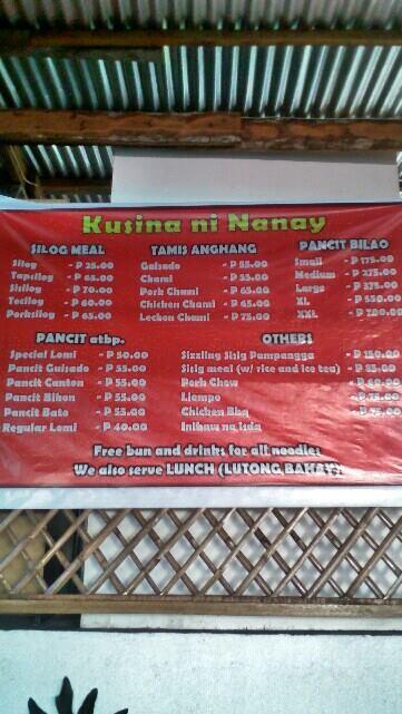 Menu at Kusina ni Nanay restaurant, Lipa