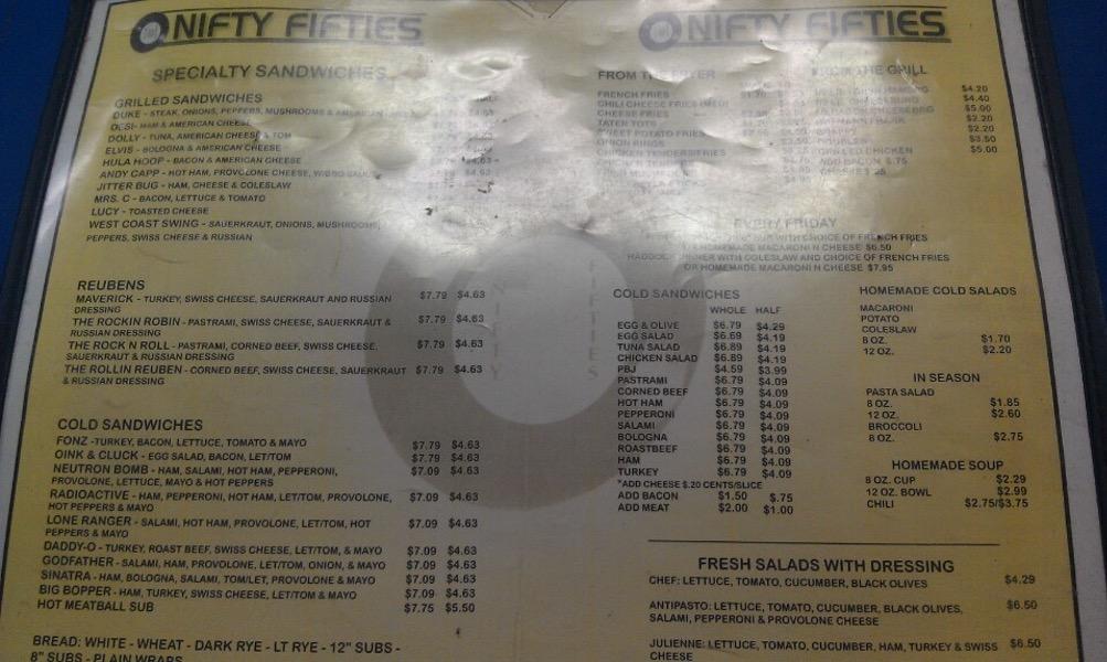 Menu at Nifty Fifties Sandwich Shop restaurant, Syracuse