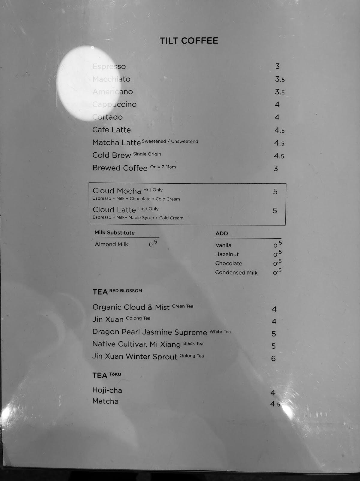 Menu at Tilt Coffee Bar, Los Angeles