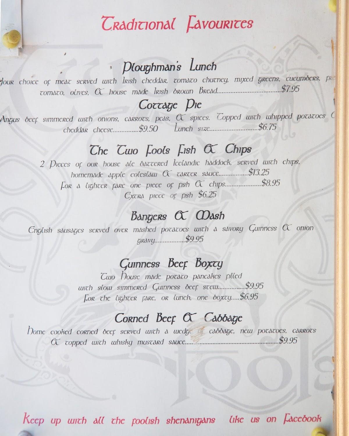 Menu at Two Fools Tavern pub & bar, Albuquerque