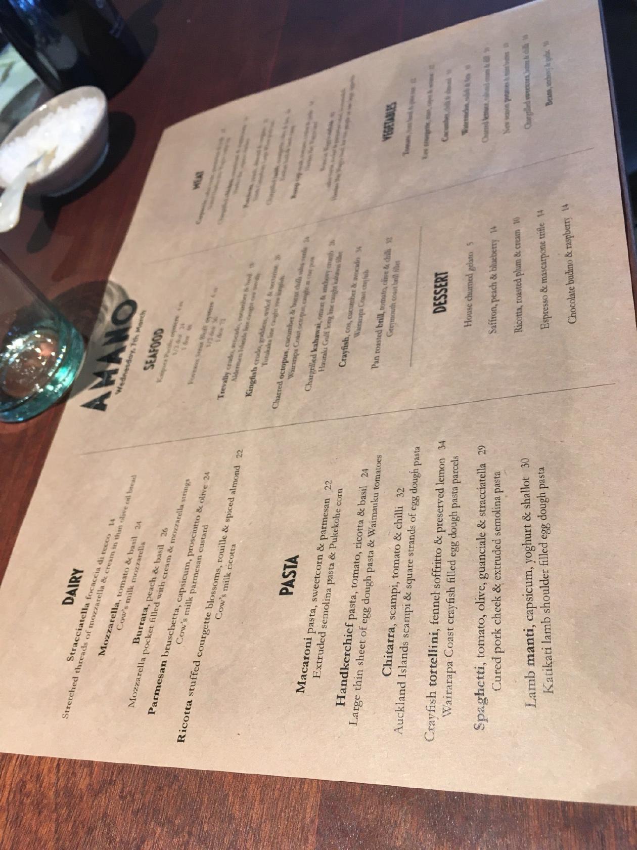 Menu at Amano restaurant, Auckland, 66 - 68