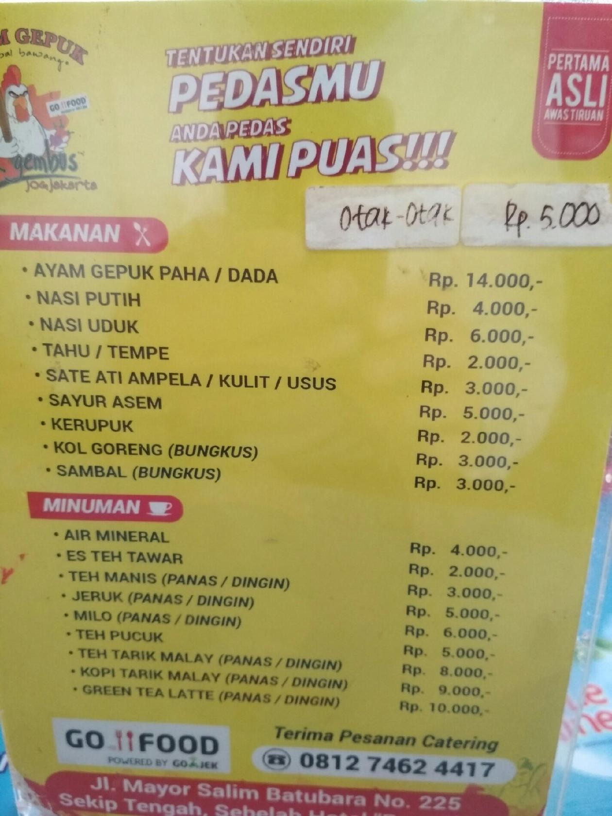 Menu at Ayam Gepuk Pak Gembus restaurant, Palembang, Jl. Mayor Salim ...