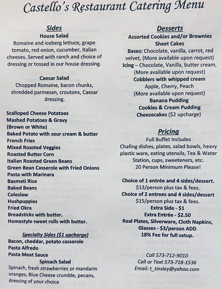 Menu at Castello's Restaurant & Catering LLC, Poplar Bluff