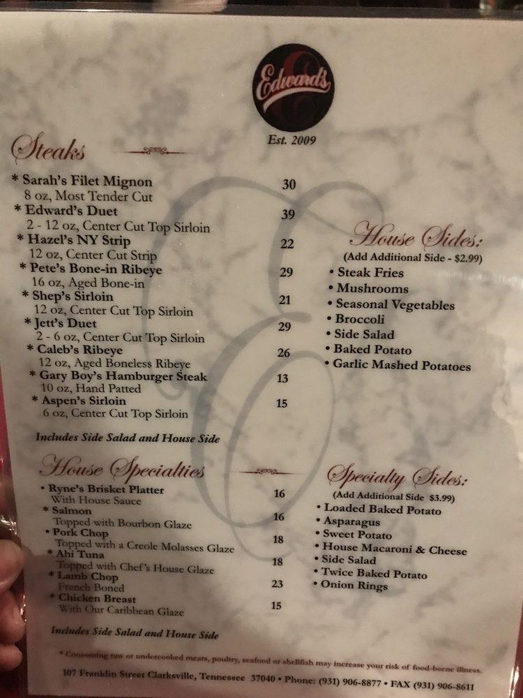 Menu at Edward's Steakhouse, Clarksville