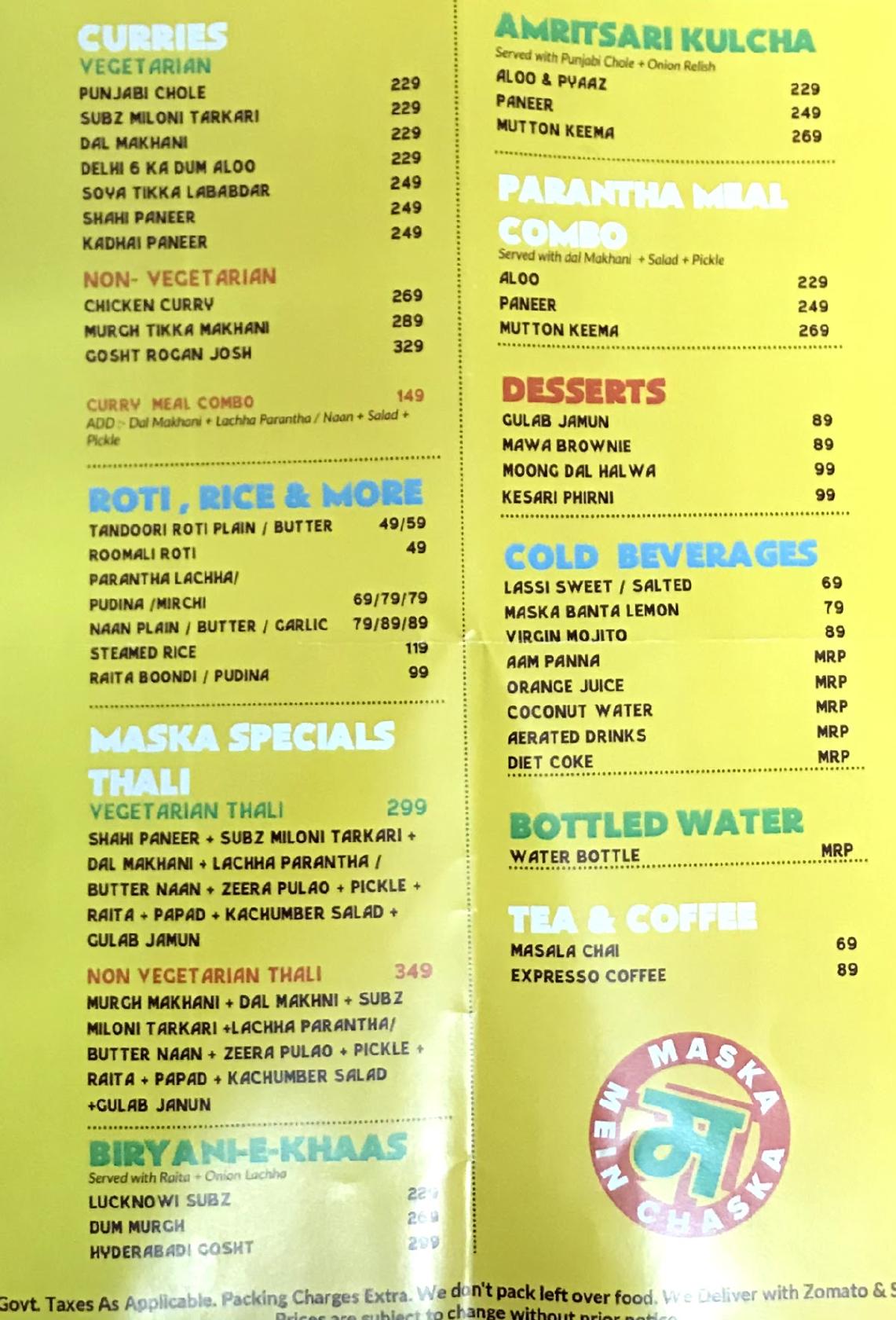 Menu at Maska, New Delhi, J22H+8VF