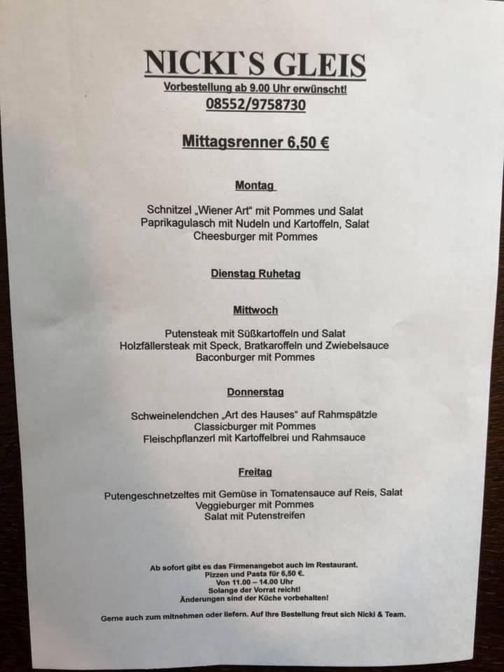 Speisekarte von Nickis Gleis restaurant, Grafenau