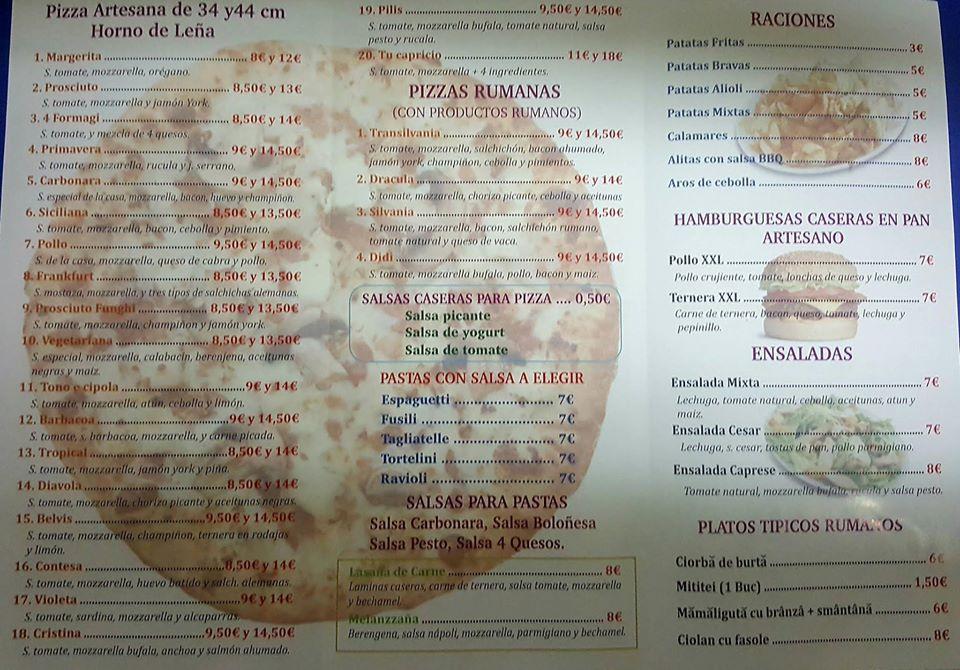 Carta de Pizzería Belvis, Madrid