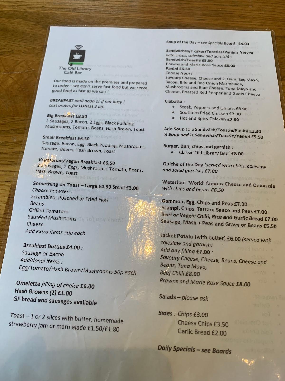 Menu at The Old Library Waterfoot cafe, Waterfoot, Bacup Rd