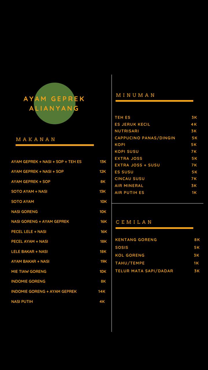 Menu at Ayam Geprek Alianyang restaurant, Pontianak, Di depan kantor DISHUB