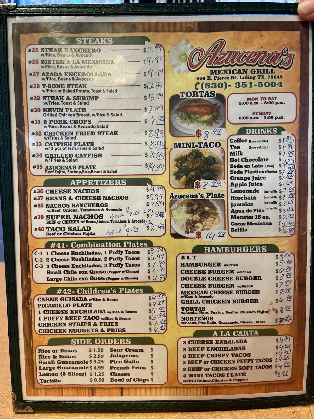 Menu at Azusena's Mexican Grill restaurant, Luling