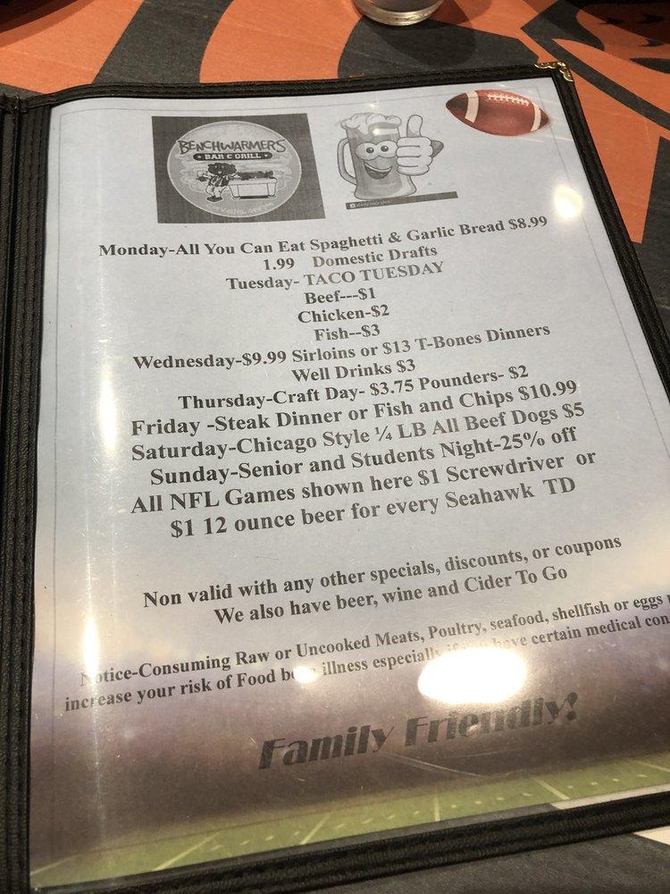 Carta de Benchwarmer's Bar & Grill, Corvallis