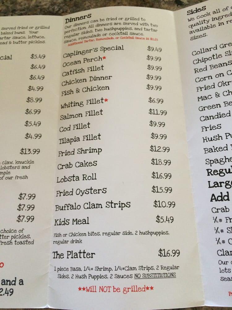Menu at Caplinger's Fresh Catch restaurant, Indianapolis, Shadeland Ave