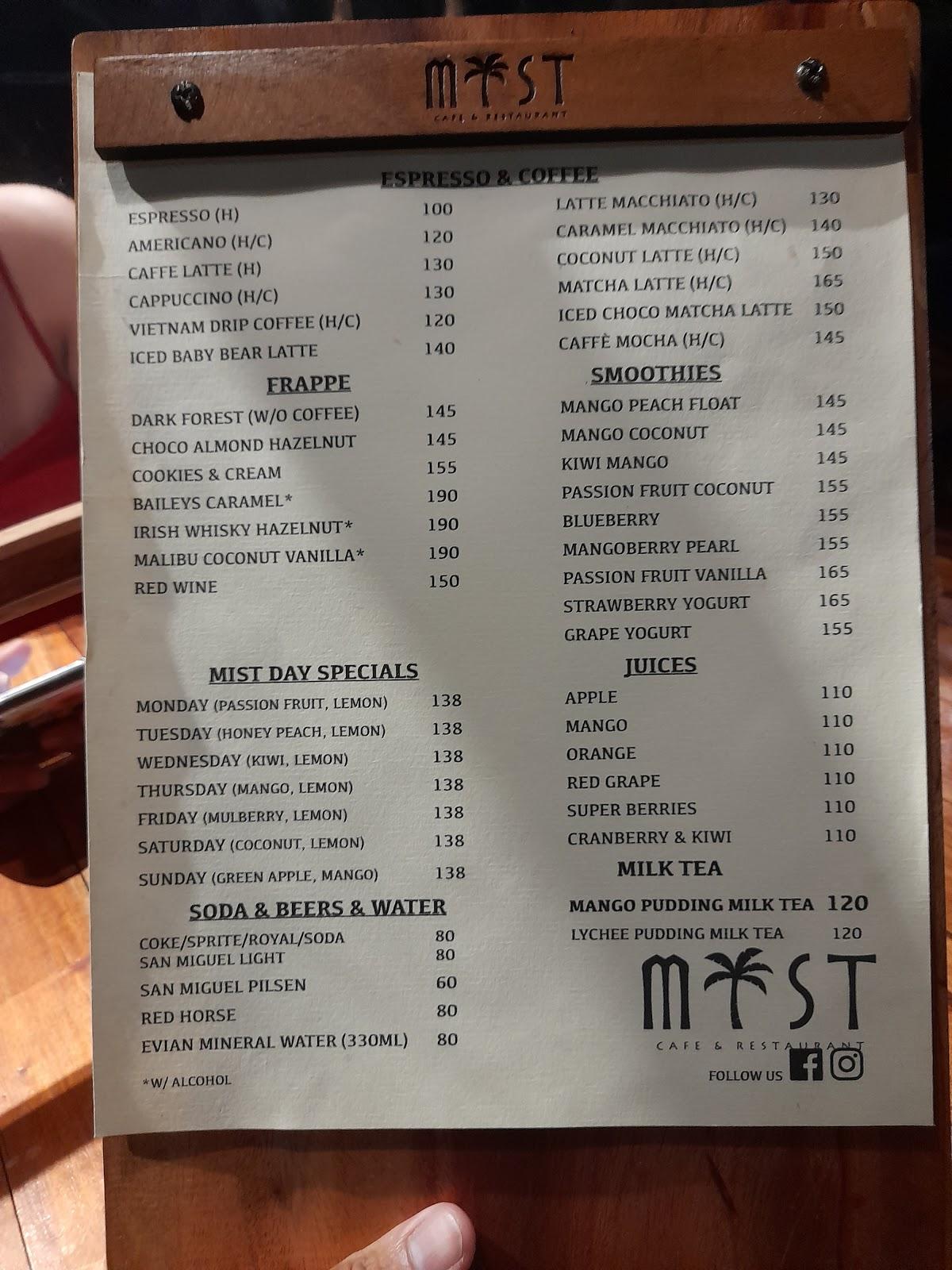 Menu at MIST restaurant, Panglao, Anos Fonacier Circumferential Rd