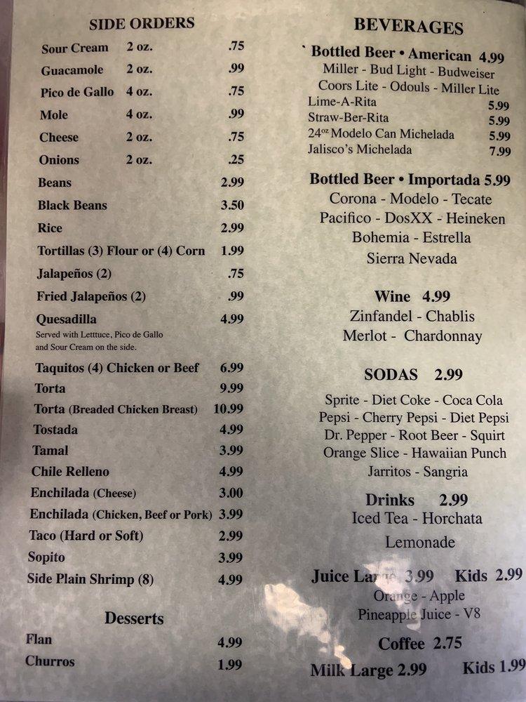 Menu at Mi Jalisco's Taqueria restaurant, Brentwood