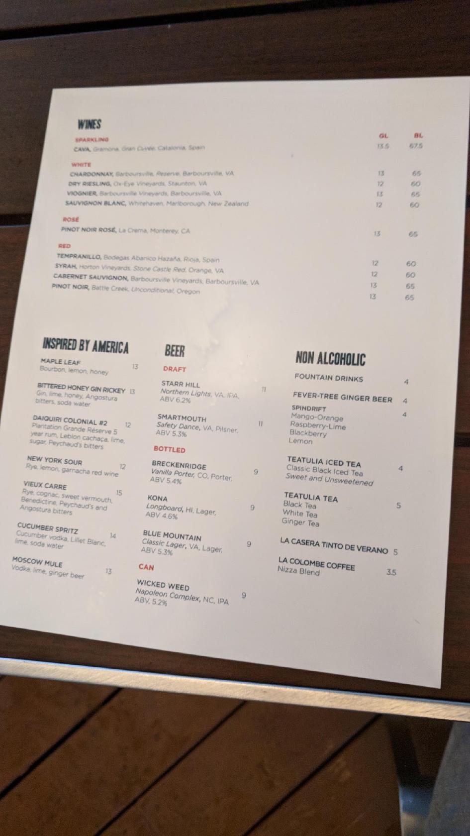 Menu at Ovations Restaurant, Vienna