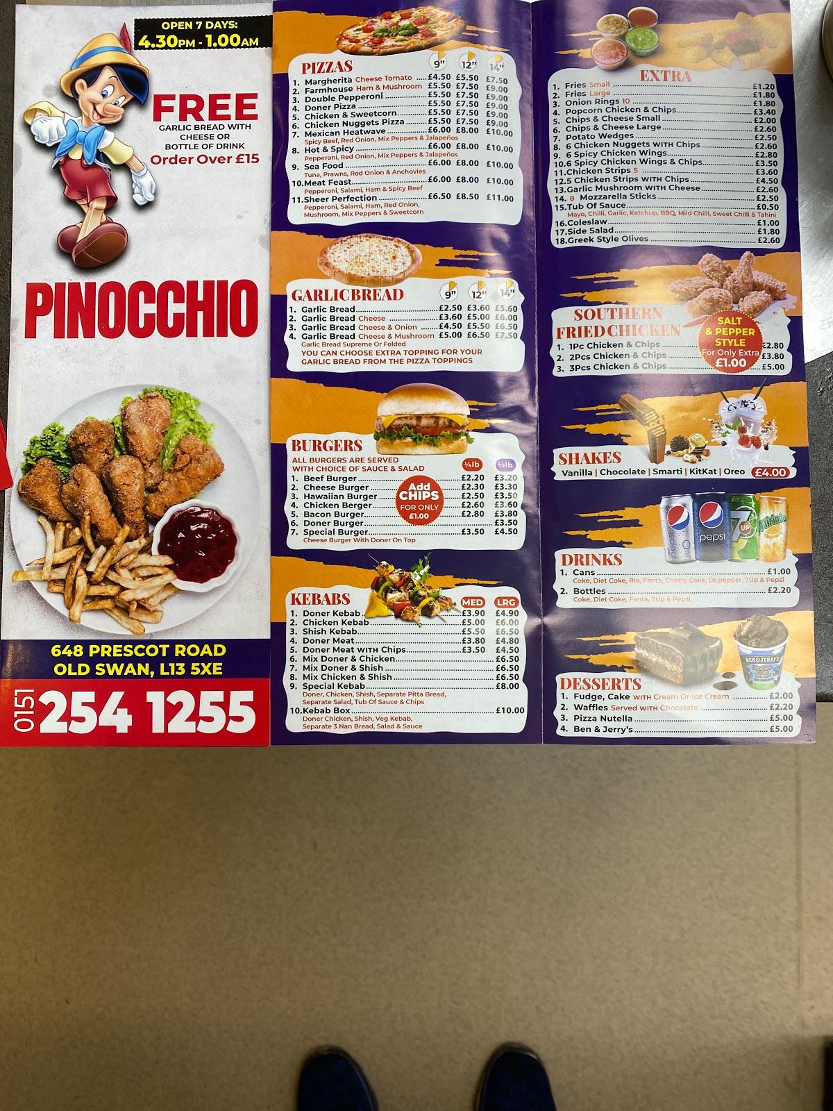 Menu at Pinocchio pizza restaurant, Liverpool