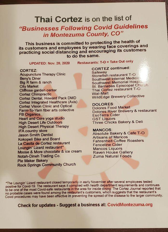 Menu at Thai Cortez restaurant, Cortez