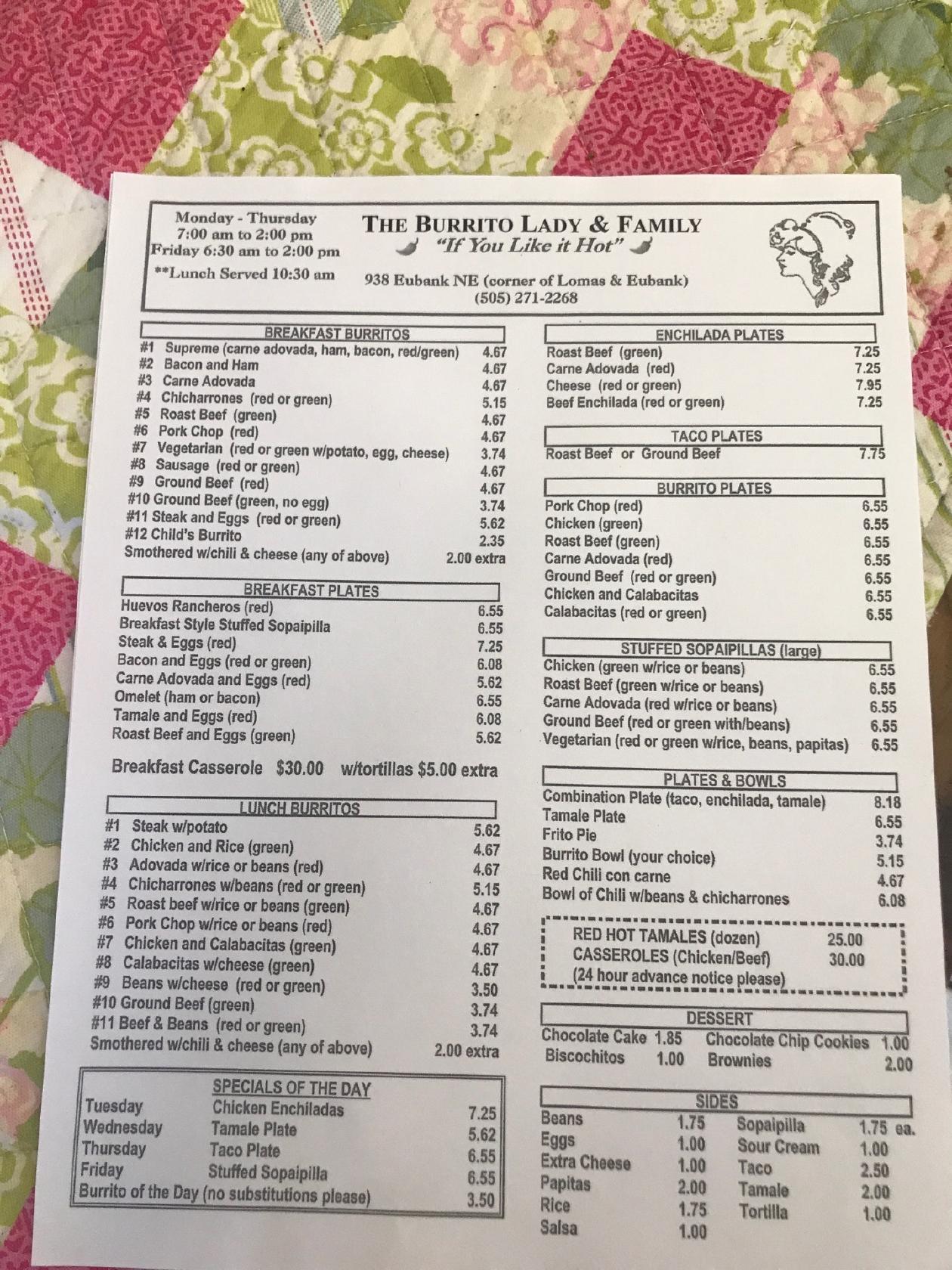Menu at The Burrito Lady restaurant, Albuquerque