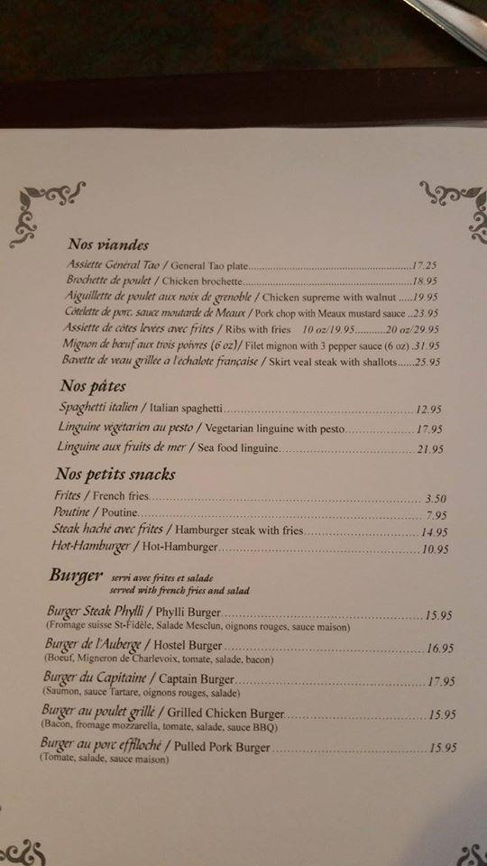 Menu at Auberge sur Mer (Motels au bord de l'eau) restaurant, Saint-Siméon