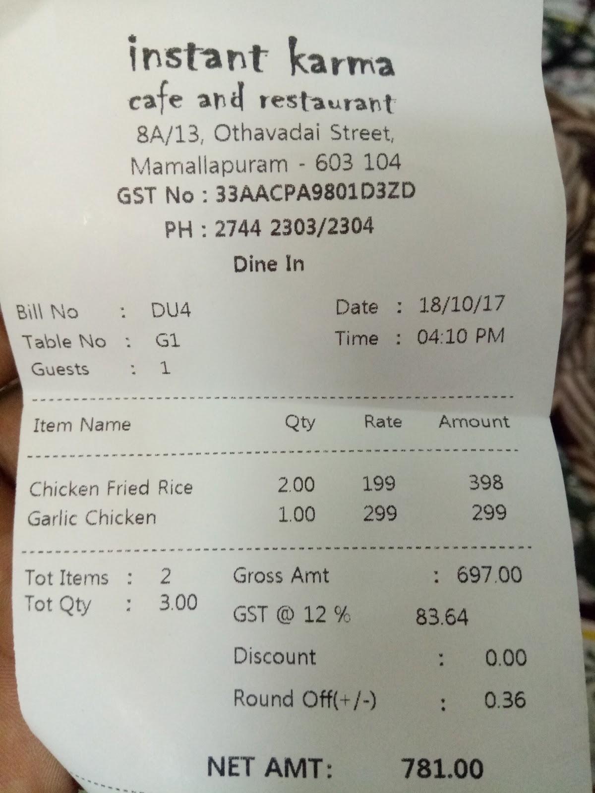 Menu at INSTANT KARMA, Mahabalipuram