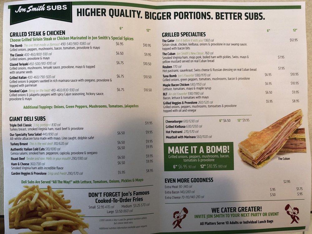 Menu at Jon Smith Subs fast food, Mount Pleasant