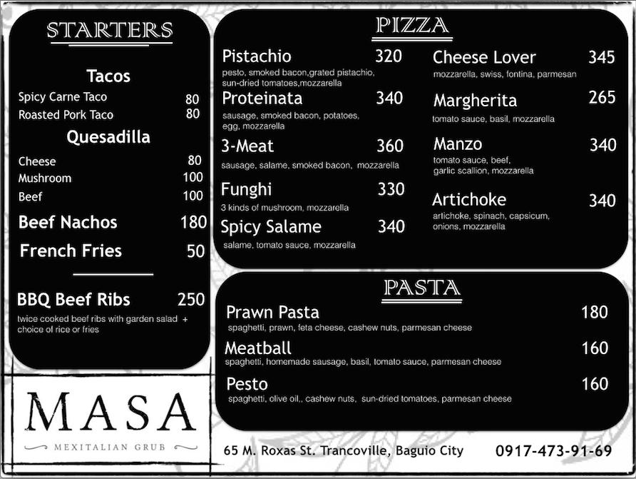 Menu at MASA restaurant, Baguio