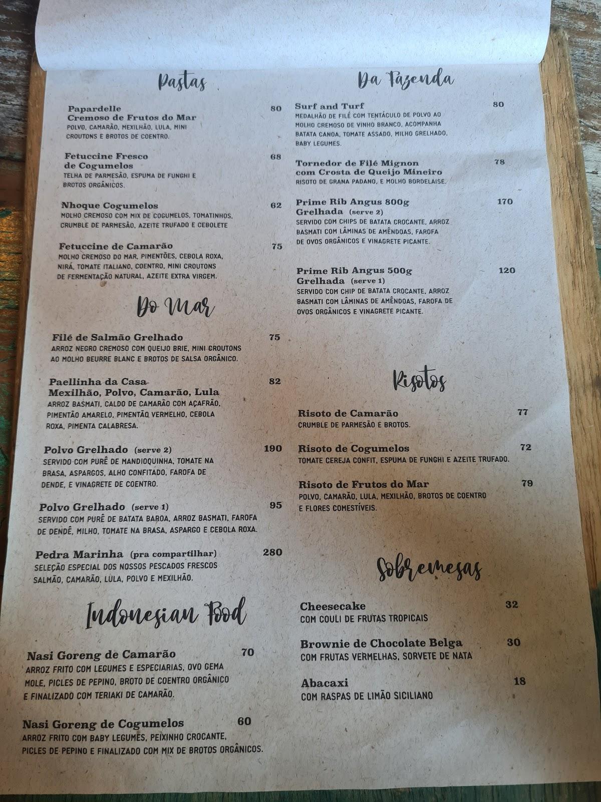 Menu at Sallero restaurant, Rio de Janeiro