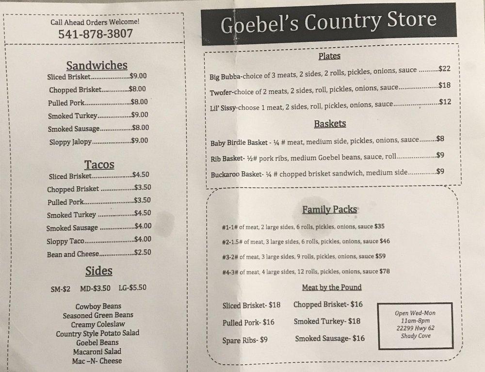 Menu at Goebel’s Country Store BBQ, Shady Cove