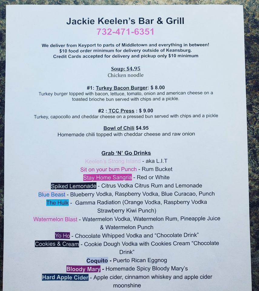 Menu at Jackie Keelen's Bar & Liquor Store, Keansburg