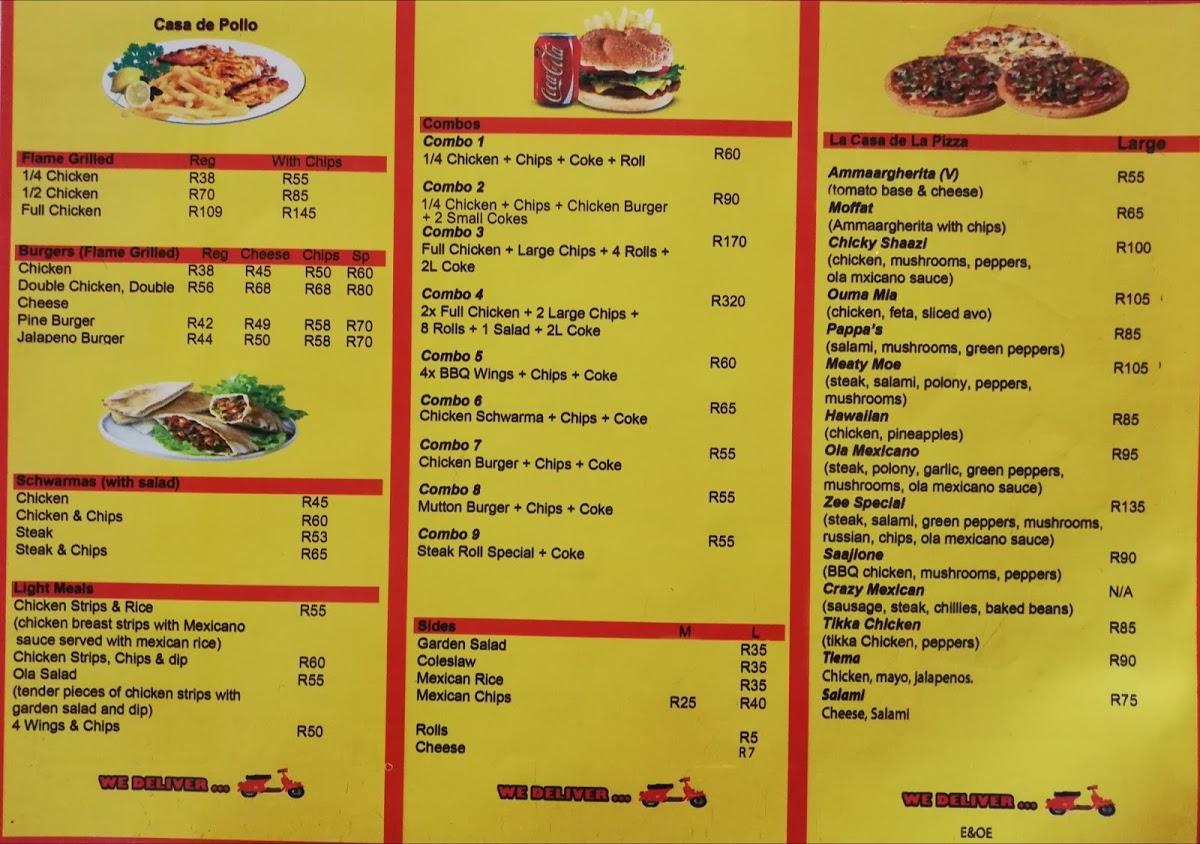 Menu at Ola Mexicanos restaurant, Lenasia