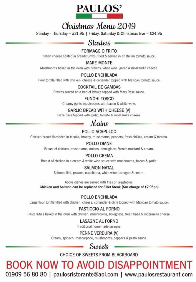 Menu at Paulos Restaurant, Dinnington