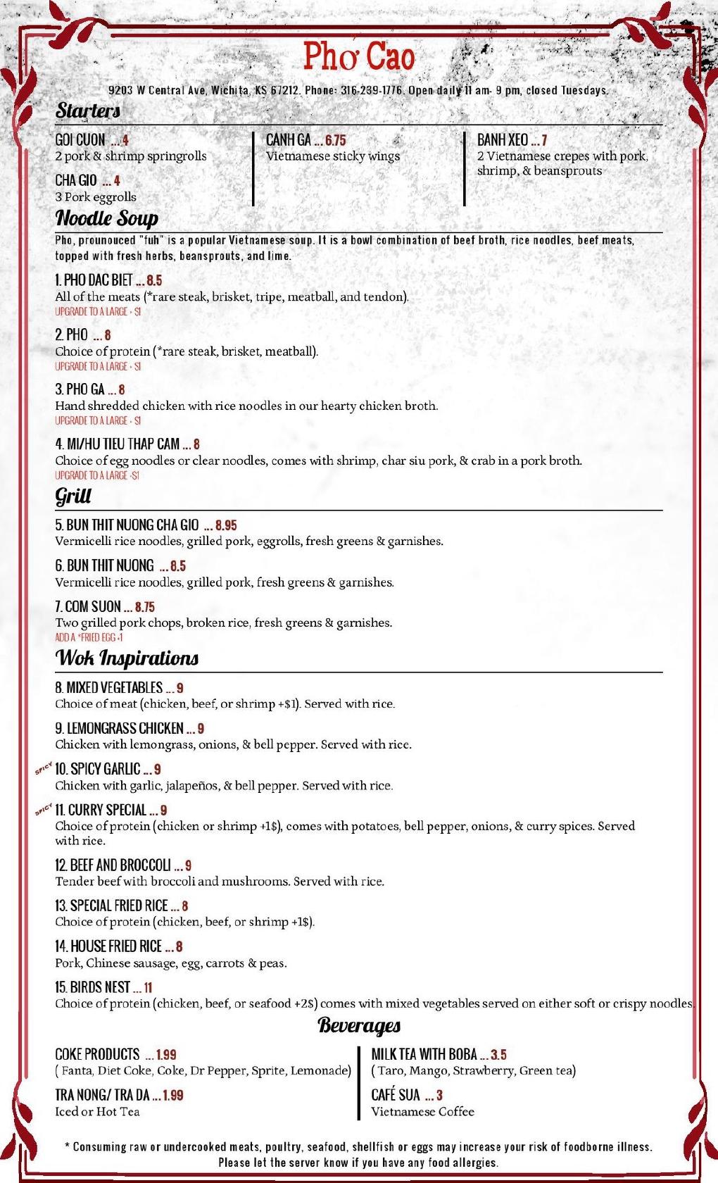 Menu at Pho Cao restaurant, Wichita