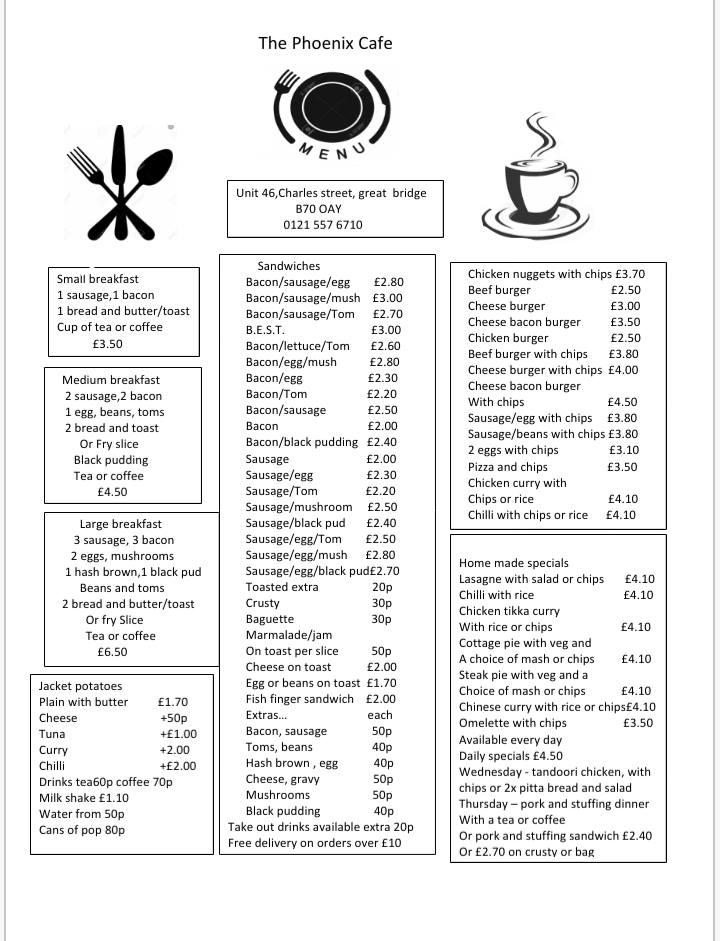 Menu at Phoenix Cafe, West Bromwich, Unit 46/Phoenix International Ind Est