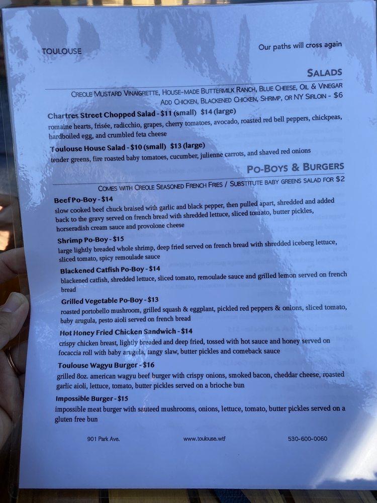 Menu at Toulouse restaurant, South Lake Tahoe