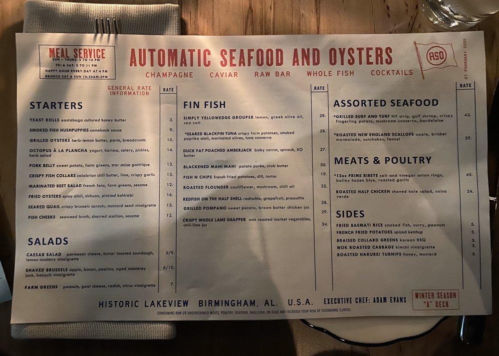 Menu at Automatic Seafood and Oysters restaurant, Birmingham