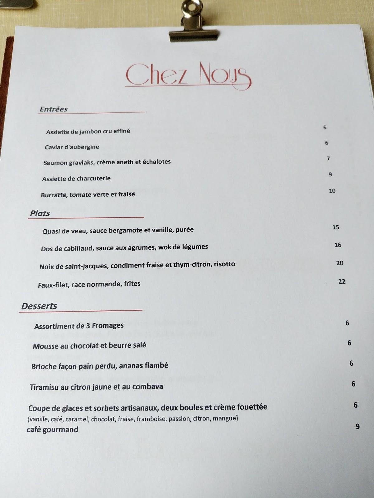 Menu au Chez Nous restaurant, Senlis