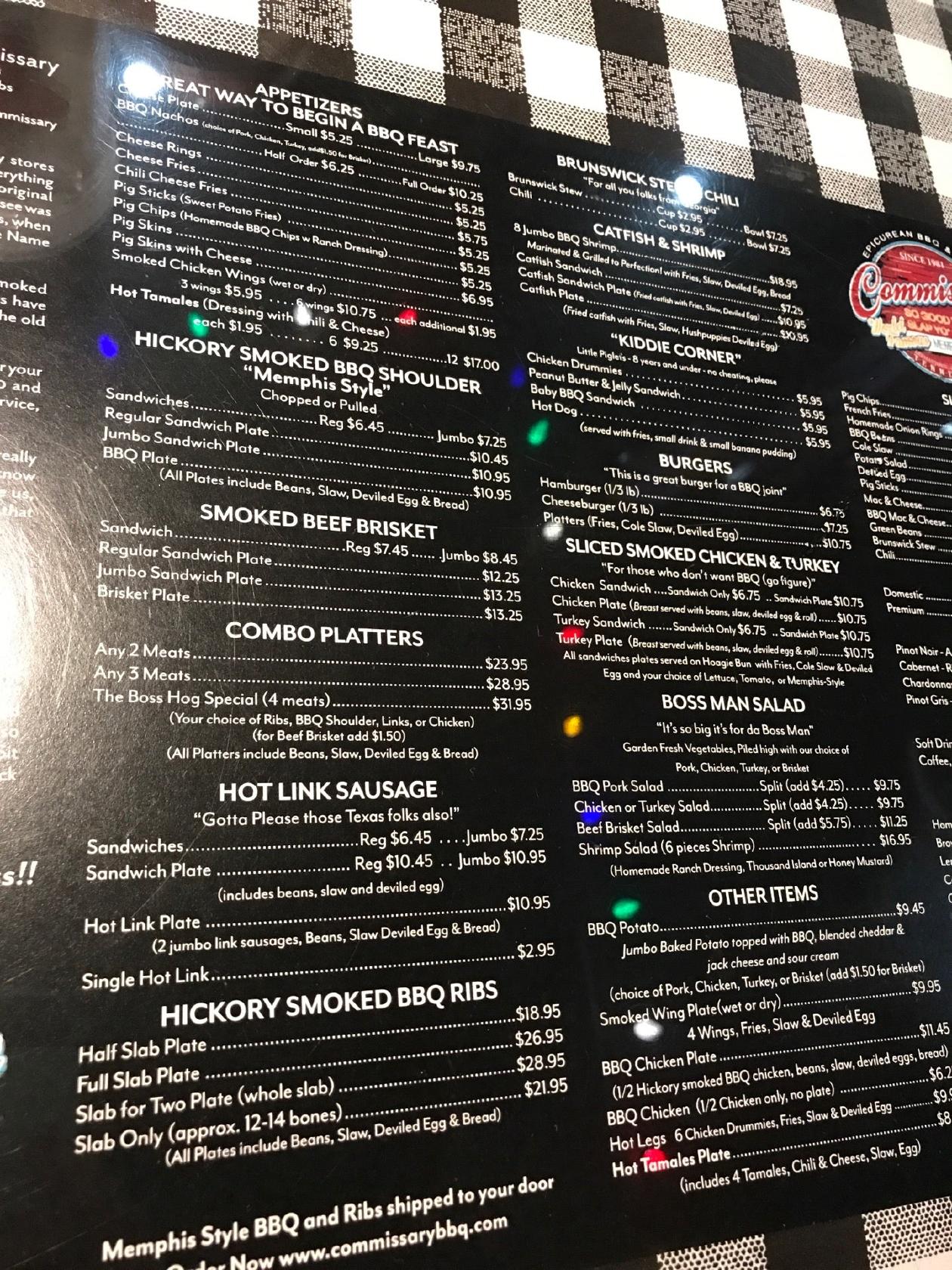 Menu at Collierville Commissary BBQ, Collierville