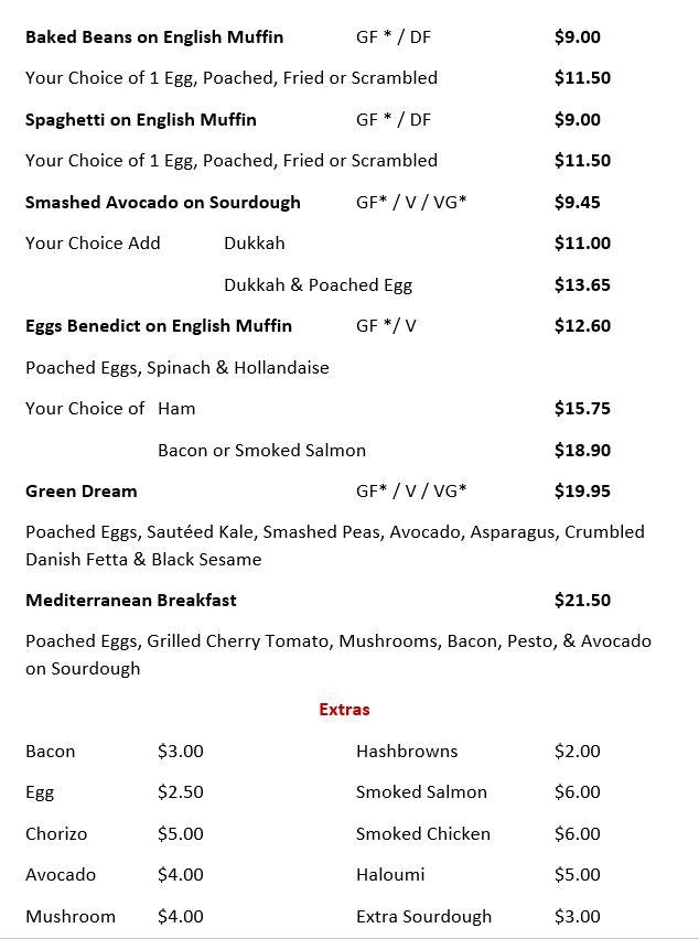 Menu at Elemental Cafe, Braddon